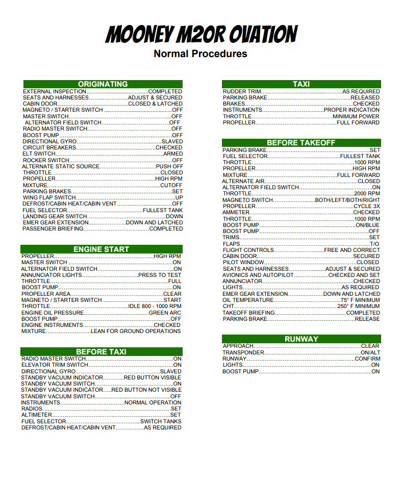 Mooney M20J Ovation Checklist for Microsoft Flight Simulator | MSFS
