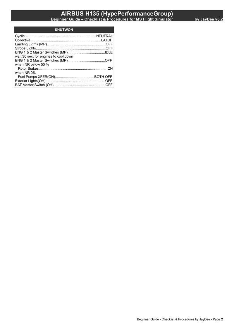 Airbus H135 Helicopter - Checklist/Procedures/ Beginners Guide for ...