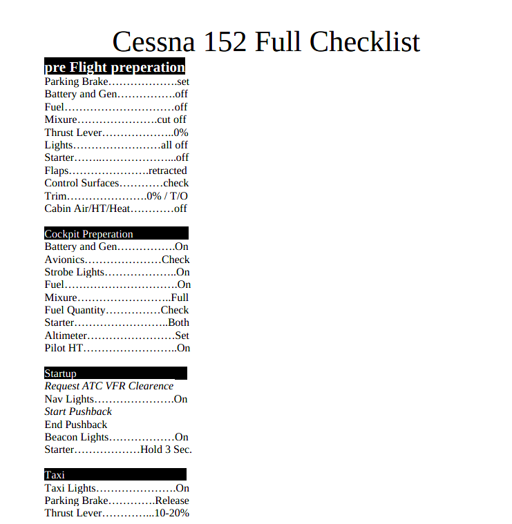 Cessna 152 complete Checklist (PDF) for Microsoft Flight Simulator | MSFS