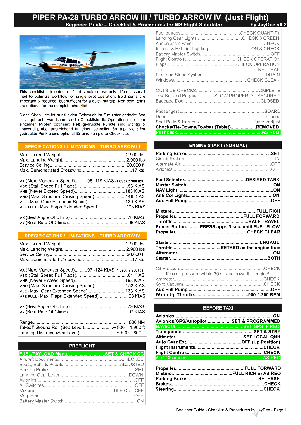 PA 28 Turbo Arrow III/IV (Just Flight) - Checklist/Procedures ...