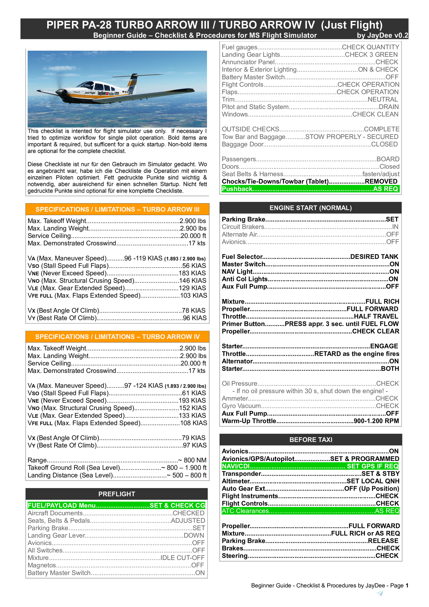 PA 28 Turbo Arrow III/IV (Just Flight) - Checklist/Procedures ...