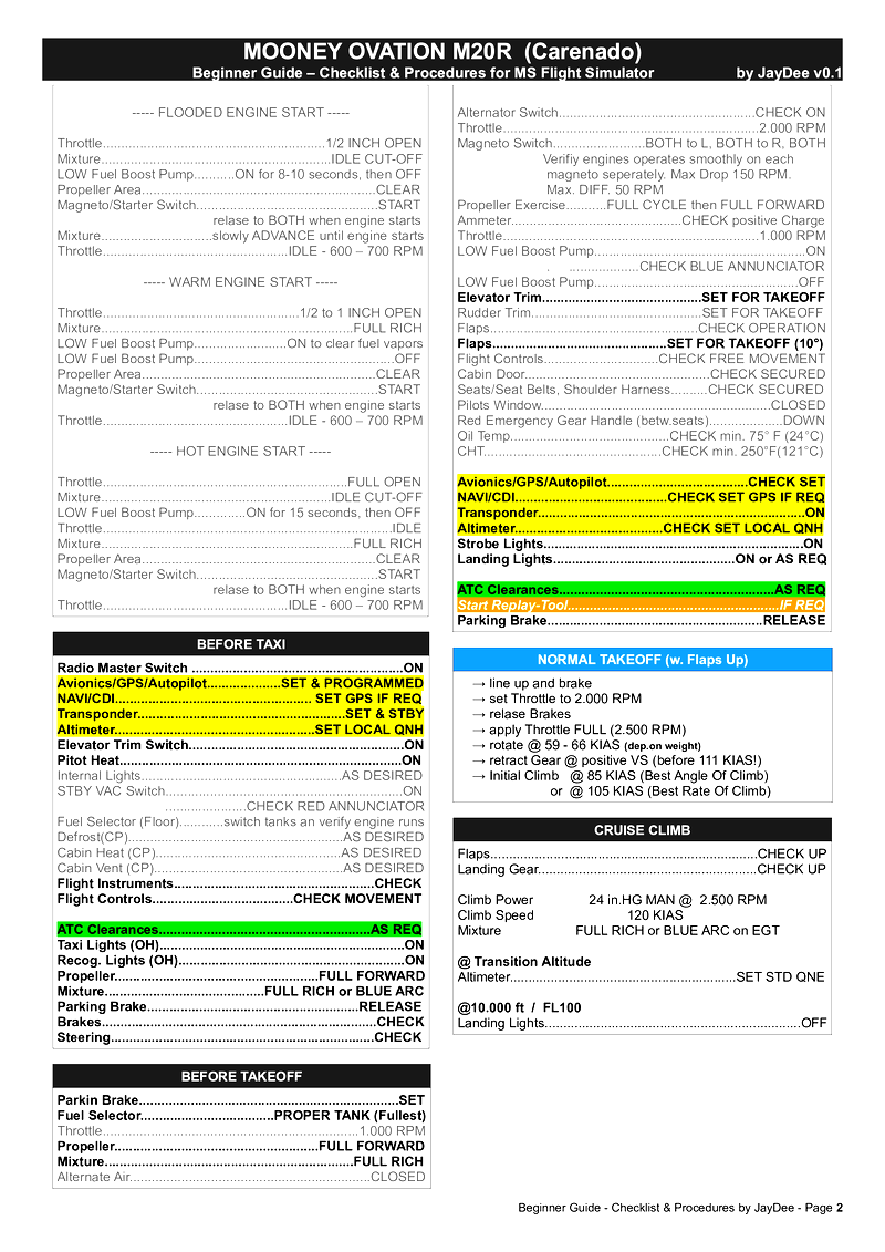 Mooney M20R Ovation (Carenado) - Checklist/Procedures/ Beginners Guide ...