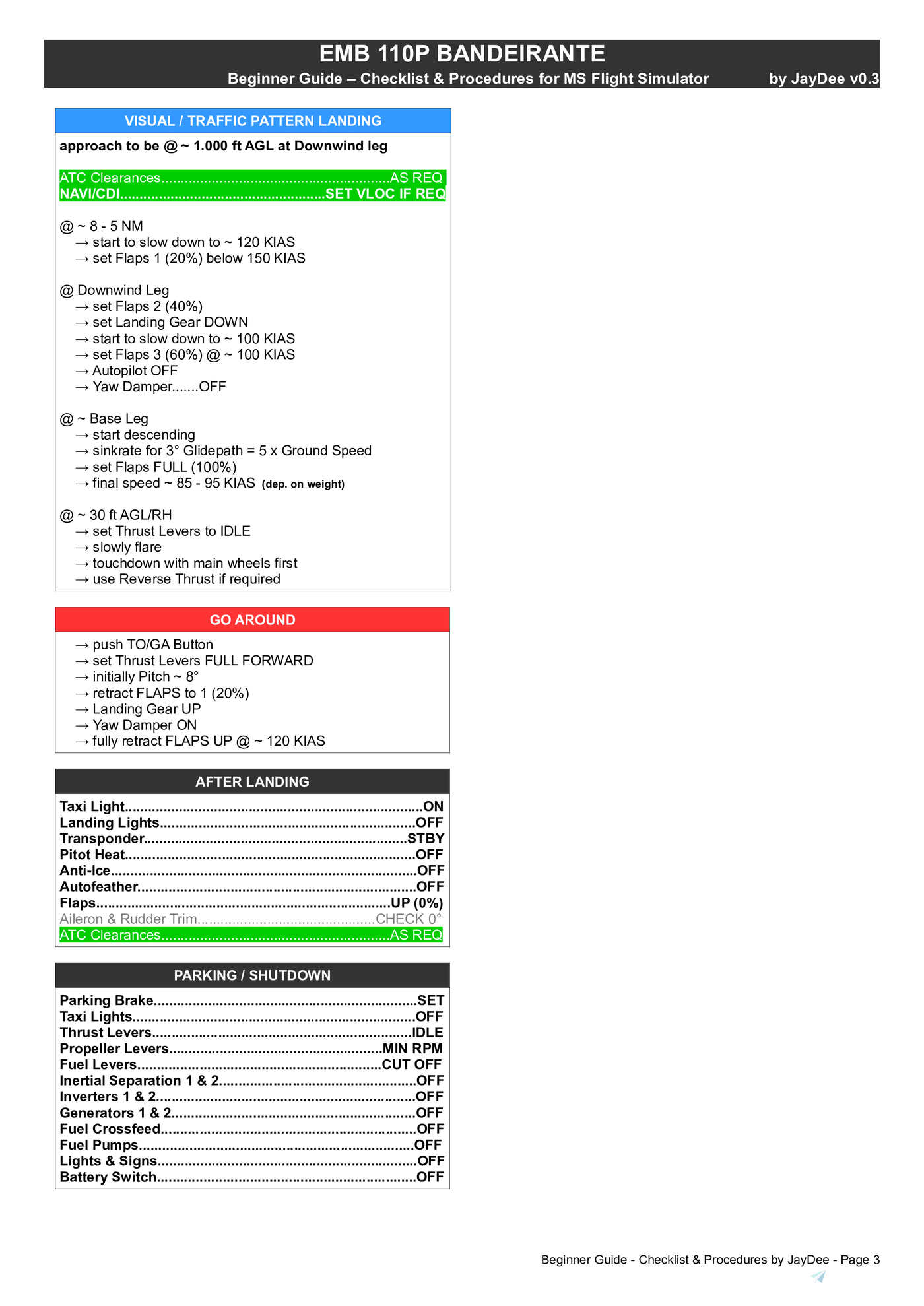 EMB 110 Bandeirante - JDs Comprehensive Checklist & Procedures for ...