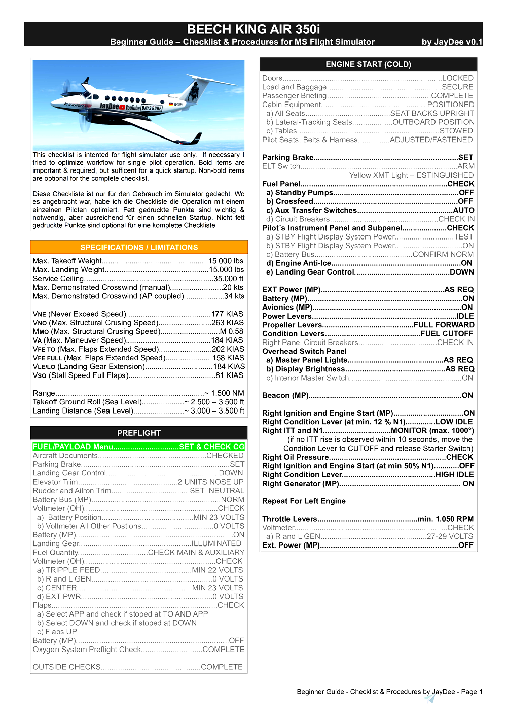 Beech King Air 350i - JDs Checklist & Procedures (Comprehensive Guide ...