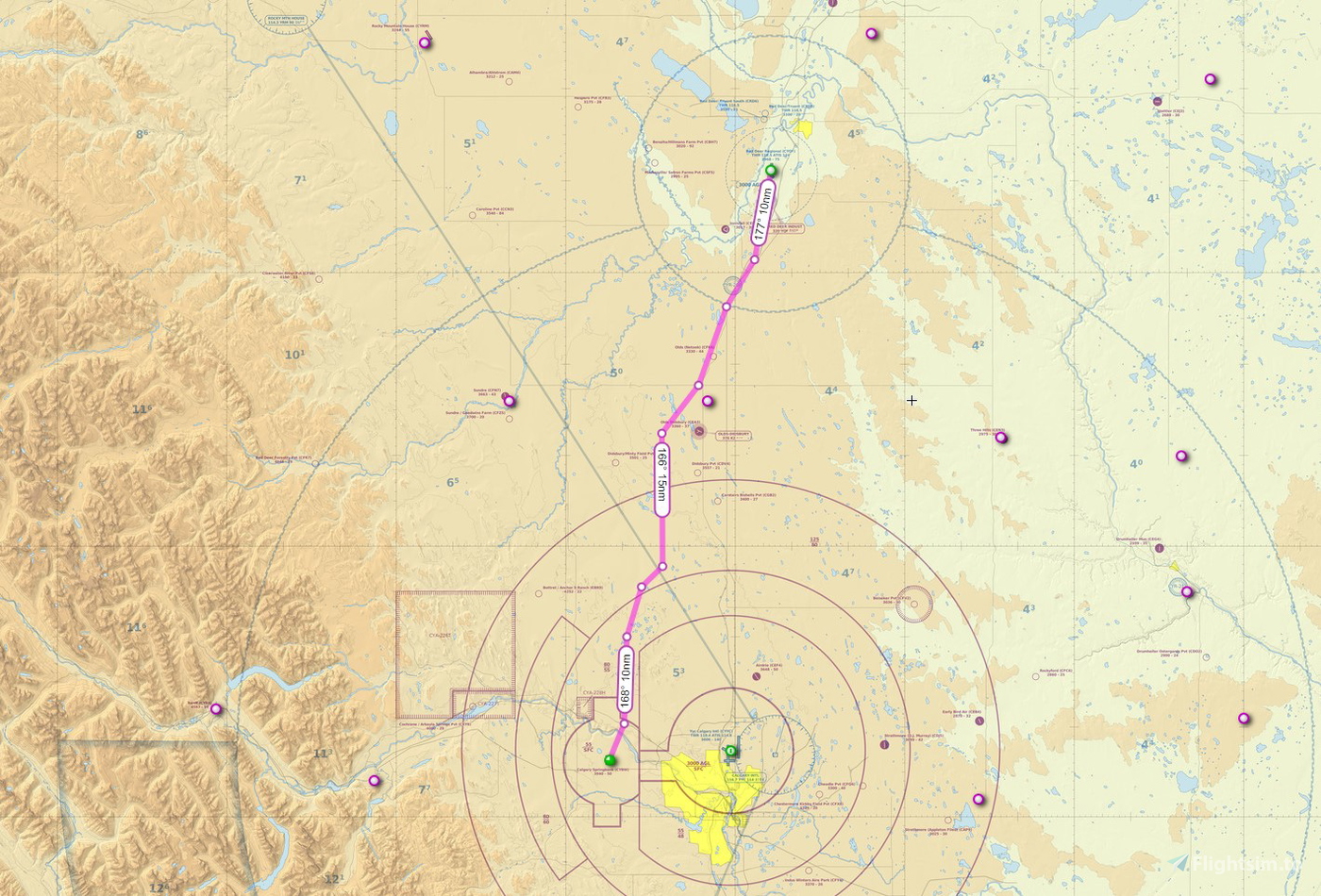 VFR flightplan GPS route from Red Deer CYQF to Calgary Springbank CYBW ...