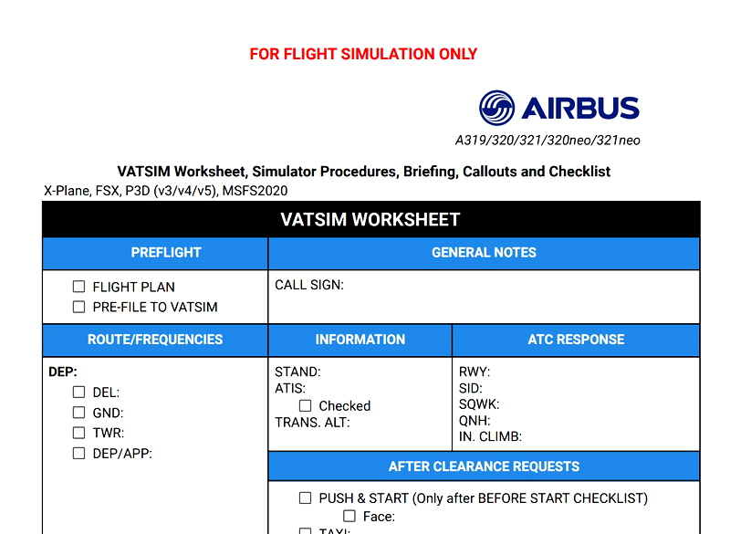 IVAO/VATSIM and A320 WORKSHEET (Procedures, Checklist, etc.) for Microsoft Flight Simulator | MSFS