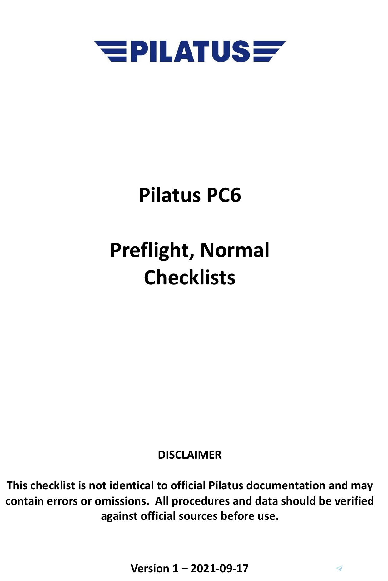 Pilatus PC6 Turbo Porter Checklist for Microsoft Flight Simulator | MSFS