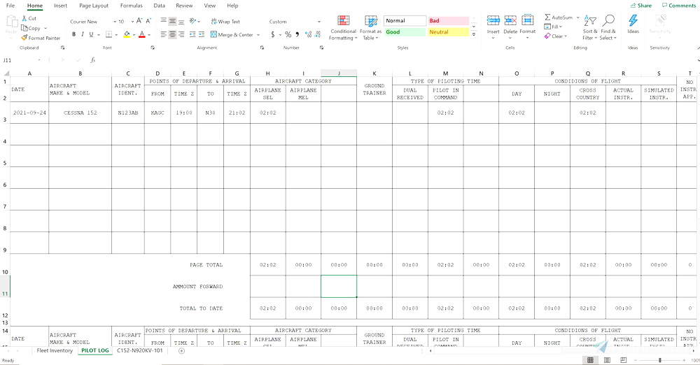 Pilot and Aircraft Logbook (Excel Format) for Microsoft Flight ...