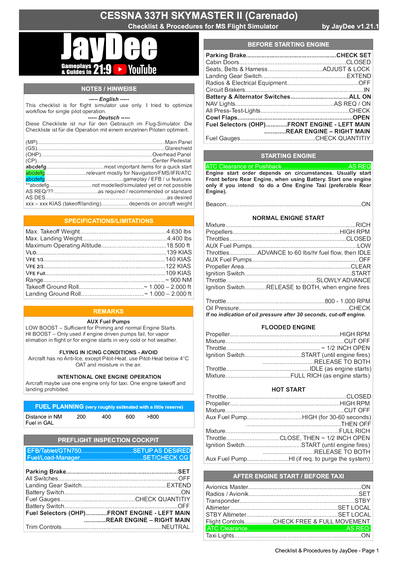 Cessna Skymaster II - JayDee´s Checklist & Procedures (PDF) for ...