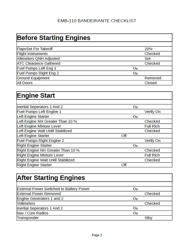 NextGen EMB-110 Bandeirante Checklists for Microsoft Flight Simulator ...