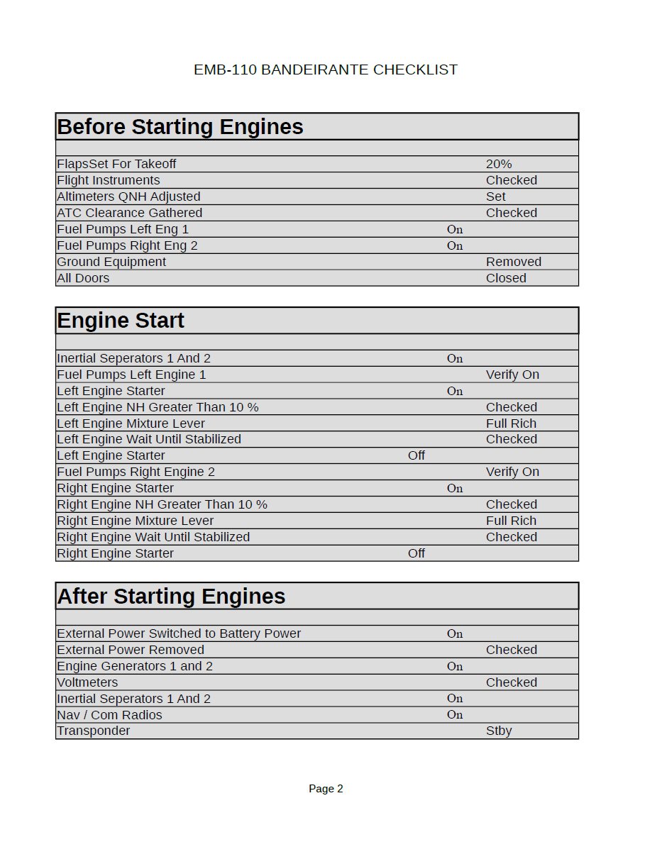 NextGen EMB-110 Bandeirante Checklists for Microsoft Flight Simulator ...