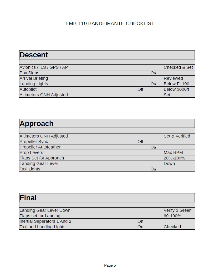 NextGen EMB-110 Bandeirante Checklists for Microsoft Flight Simulator ...