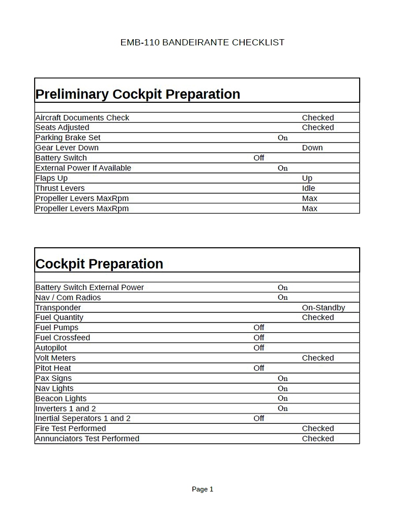 NextGen EMB-110 Bandeirante Checklists for Microsoft Flight Simulator ...