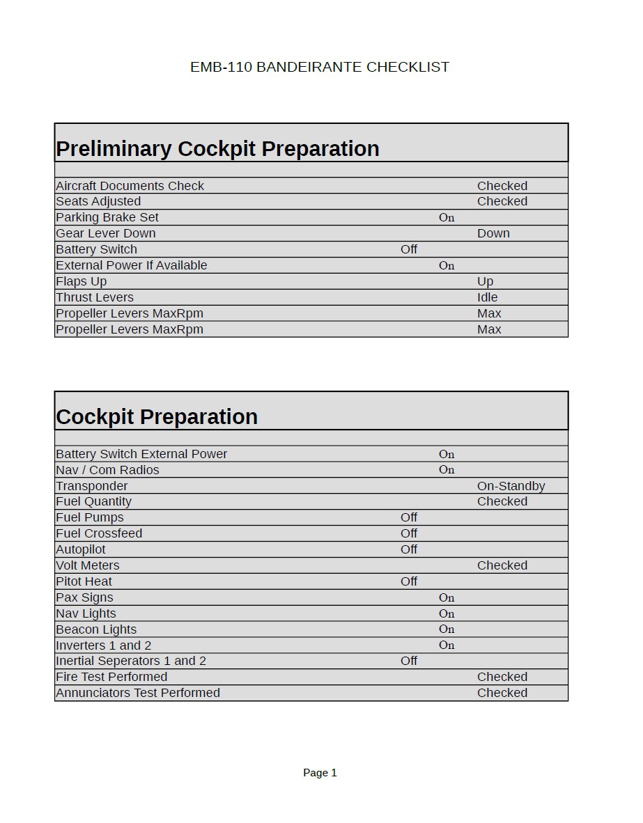 NextGen EMB-110 Bandeirante Checklists for Microsoft Flight Simulator ...