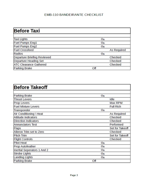 NextGen EMB-110 Bandeirante Checklists » Microsoft Flight Simulator