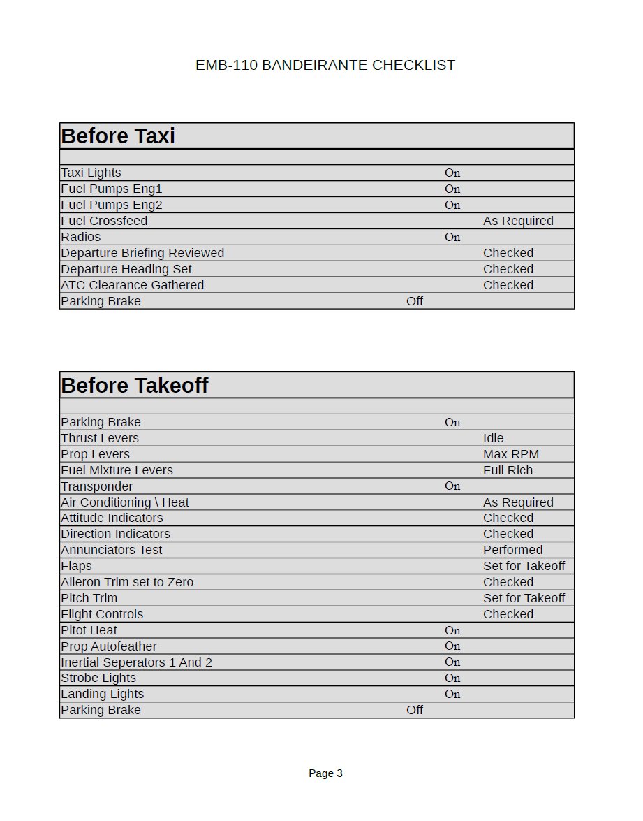 NextGen EMB-110 Bandeirante Checklists for Microsoft Flight Simulator ...