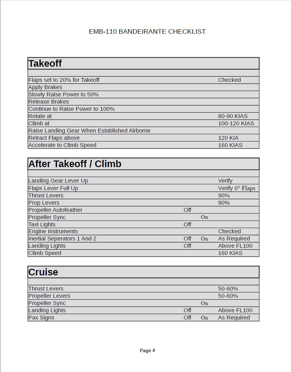 NextGen EMB-110 Bandeirante Checklists for Microsoft Flight Simulator ...