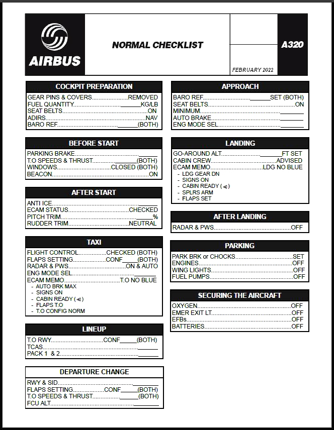 AIRBUS A320 Checklist and Flow Patterns - 2022 Latest Version for ...