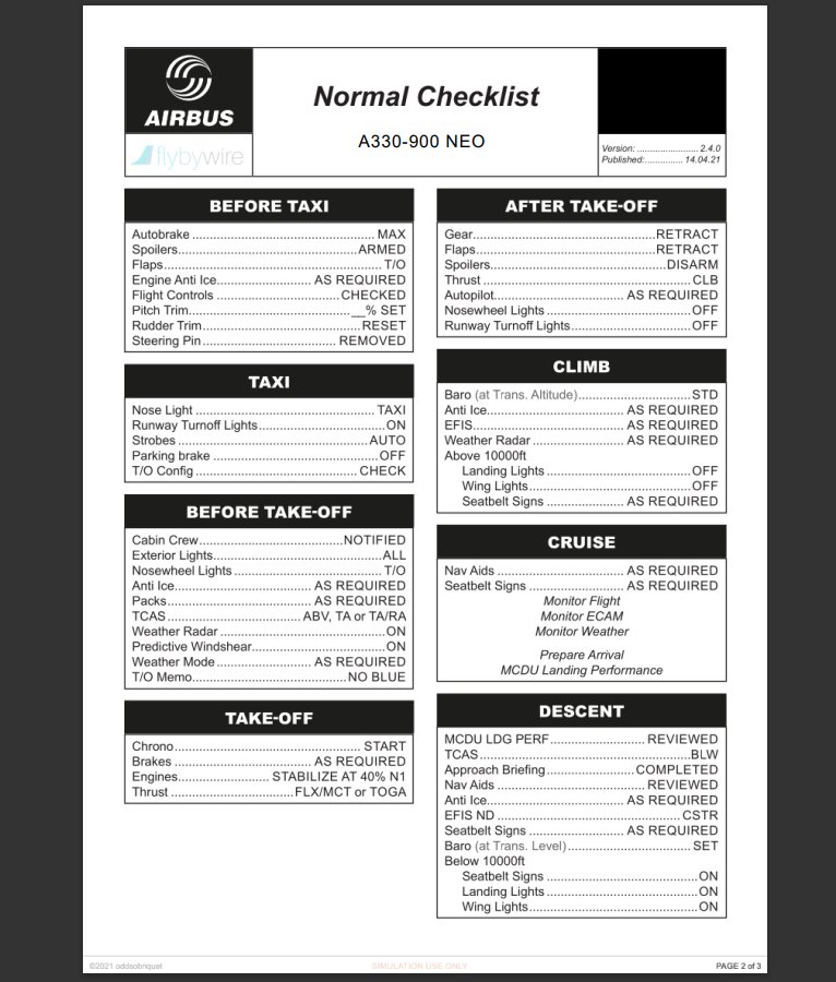 Headwind A330-900 NEO Checklist for Microsoft Flight Simulator | MSFS