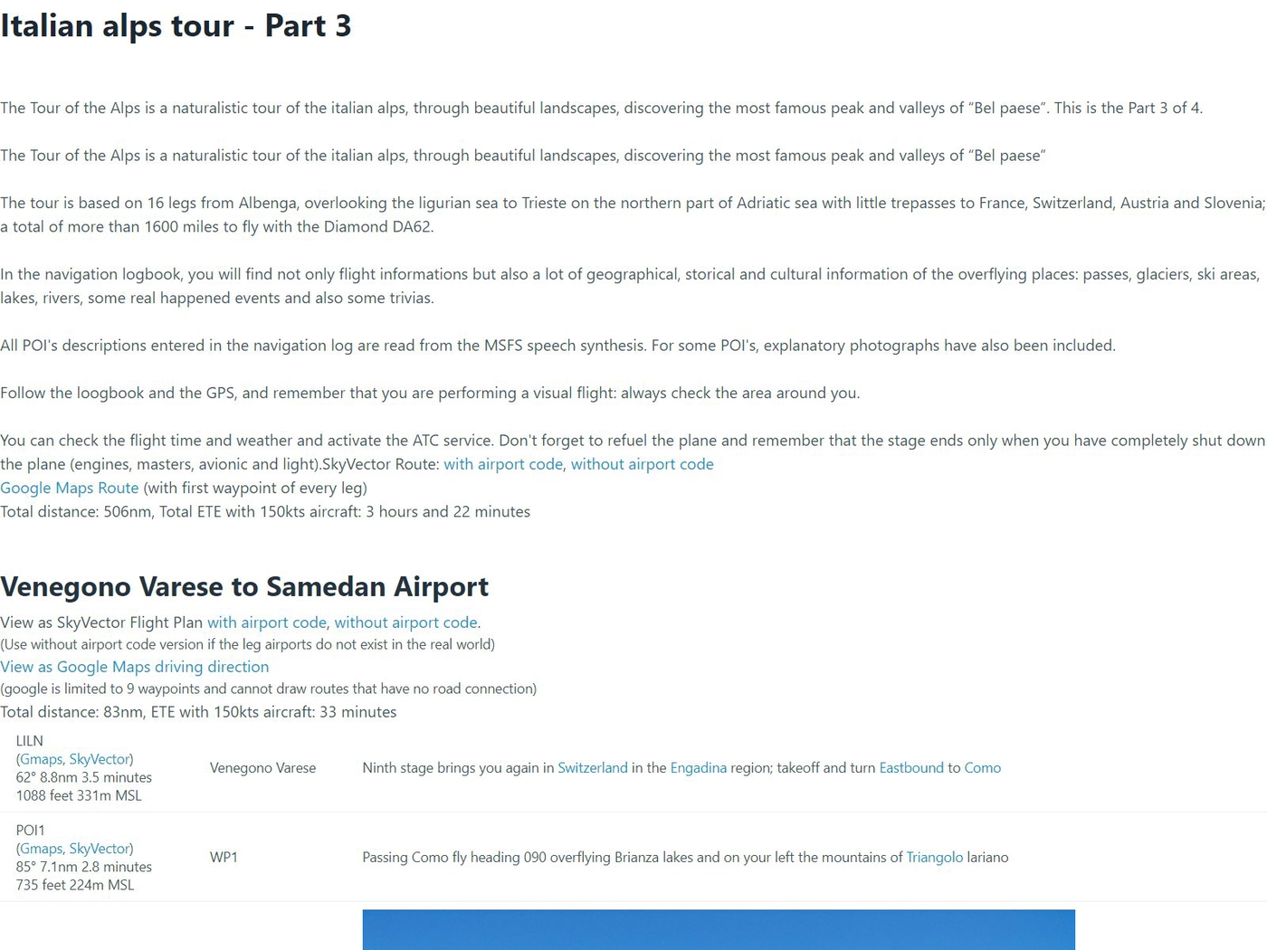 Italian Alps Tour 2021 - Navlog PDF for Microsoft Flight Simulator | MSFS