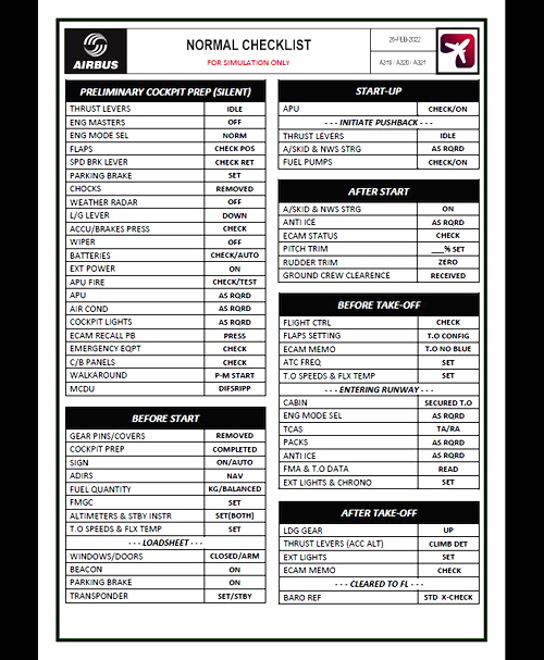 A320 FAMILY | CHECKLIST for Microsoft Flight Simulator | MSFS