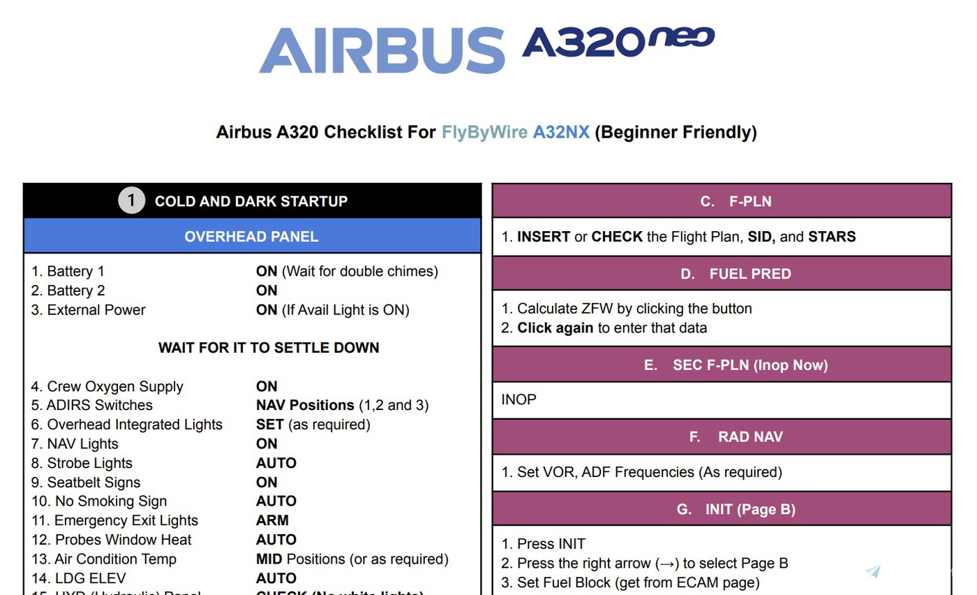 Beginner Friendly Checklist for Airbus A320 NEO (FlyByWire A32NX) for Microsoft Flight Simulator ...