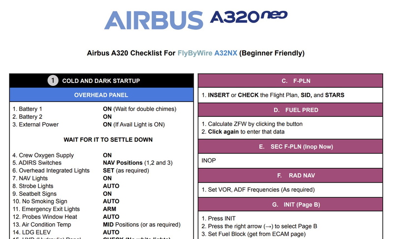 Beginner Friendly Checklist for Airbus A320 NEO (FlyByWire A32NX) for ...