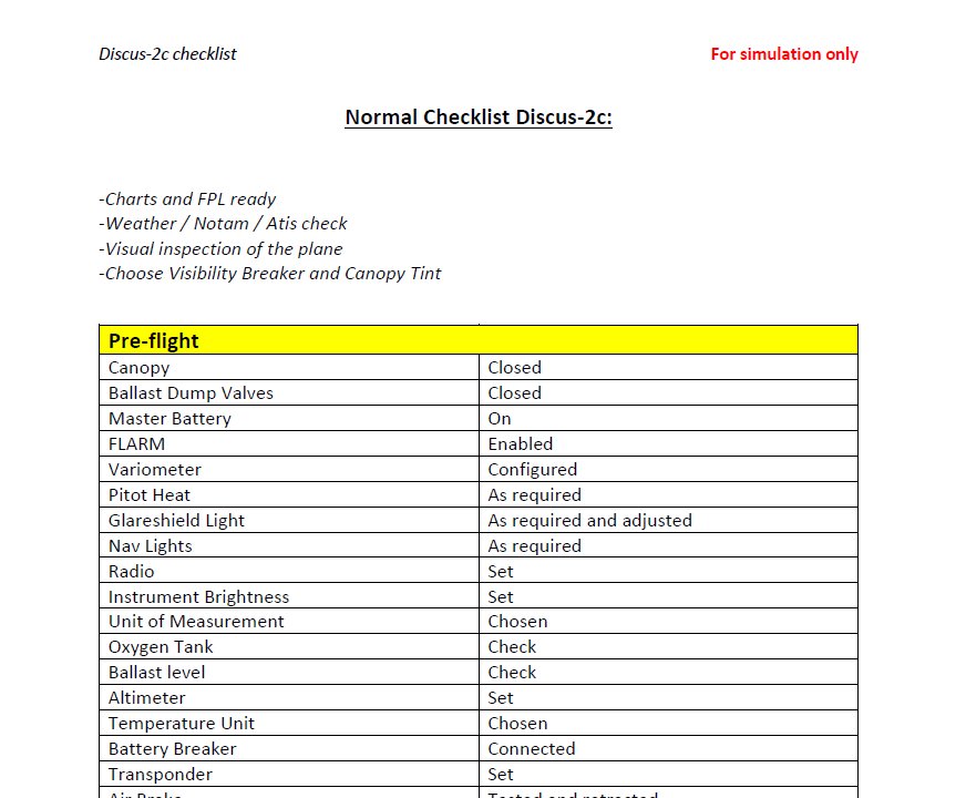 Checklist Discus 2c for Microsoft Flight Simulator | MSFS
