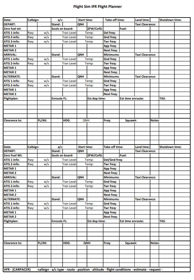 VATSIM/IVAO flight planning sheet for Microsoft Flight Simulator | MSFS