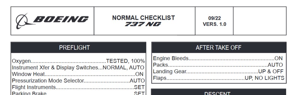 737 NG Checklist for Microsoft Flight Simulator | MSFS