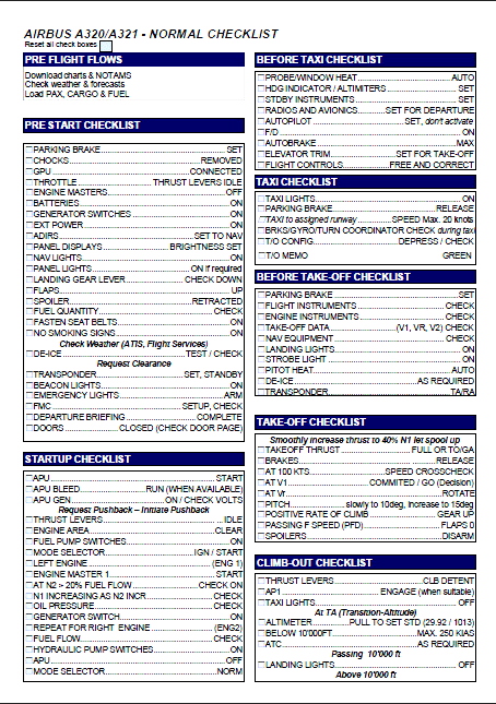 A320 Checklist with Checkboxes for Microsoft Flight Simulator | MSFS