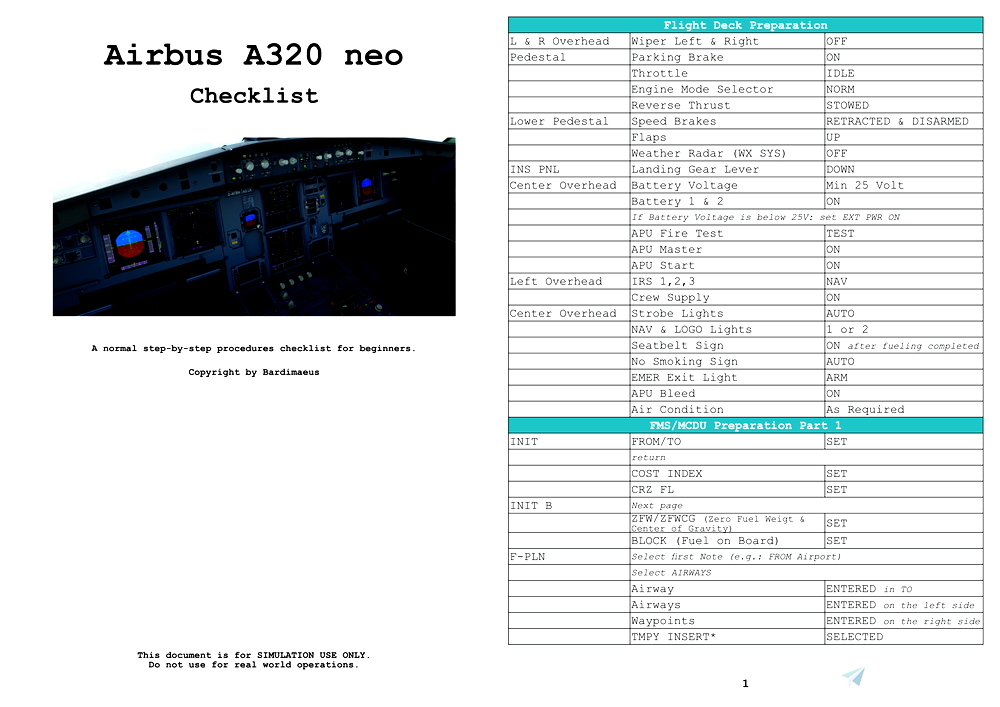 Airbus A320neo - Step-By-Step Checklist as PDF for Microsoft Flight Simulator | MSFS