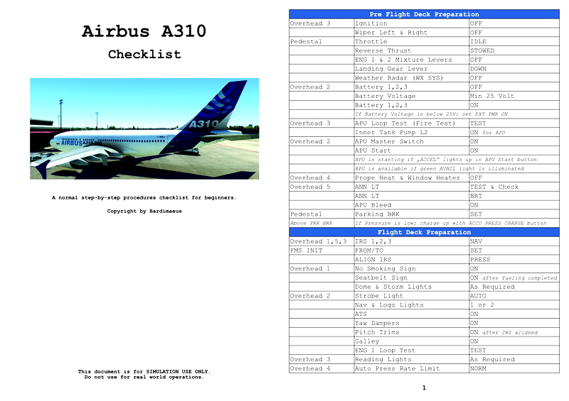 Airbus A310 - Step-By-Step Checklist as PDF for Microsoft Flight Simulator | MSFS