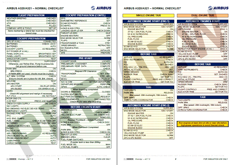 Airbus A320/A321 - Normal Checklist for Microsoft Flight Simulator | MSFS