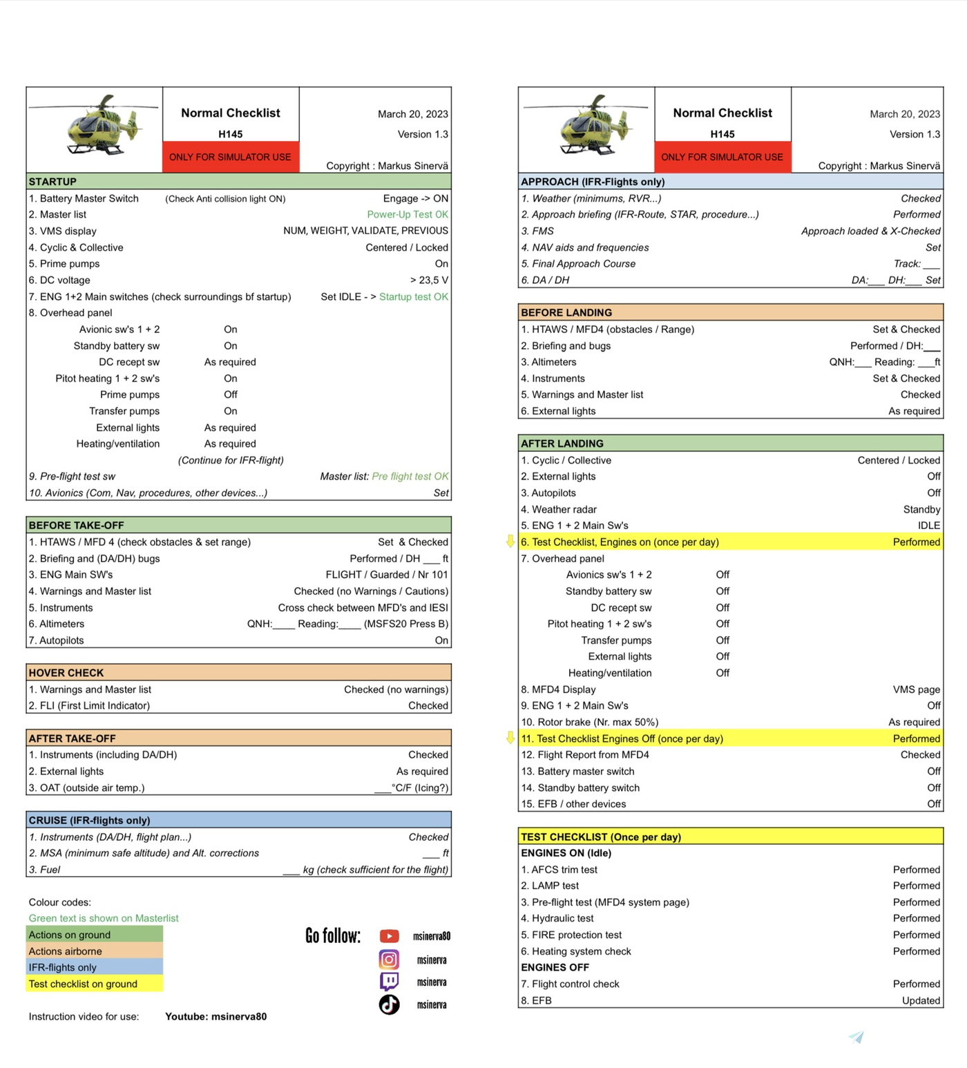 Airbus H145 Helicopter Checklist pour Microsoft Flight Simulator | MSFS