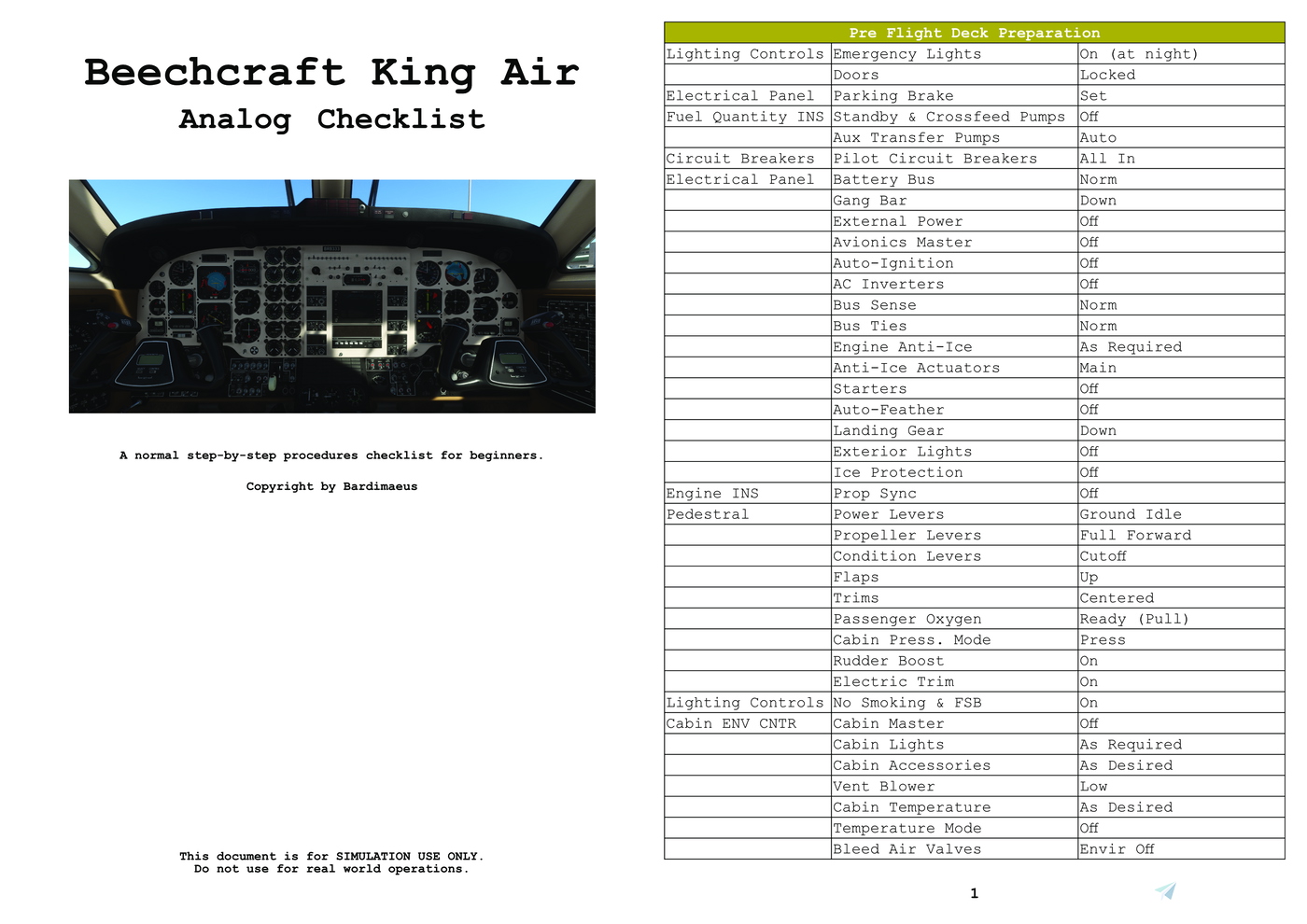 Beechcraft King Air - Analog (Black Square) - Step-By-Step Checklist as ...