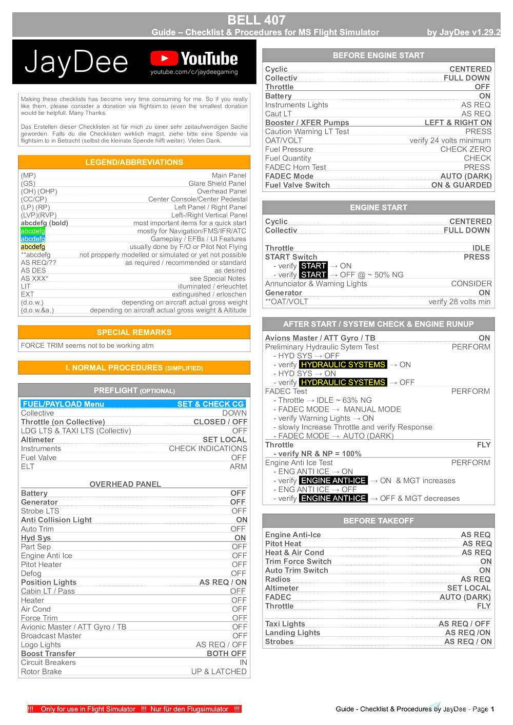 Bell 407 - Checklist & Procedures per Microsoft Flight Simulator | MSFS
