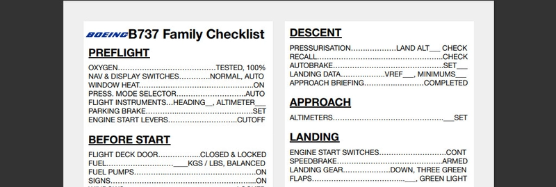 Checklists for PMDG Boeing 737-800 on Microsoft Flight Simulator