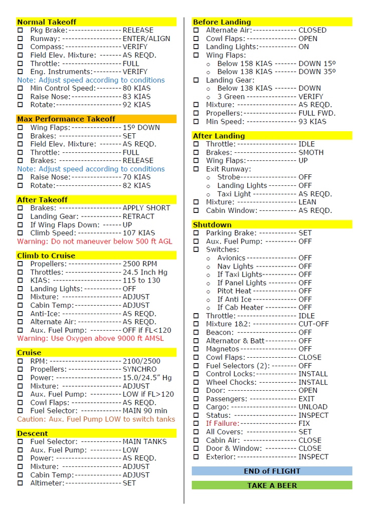 Cessna 310R checklist för Microsoft Flight Simulator | MSFS