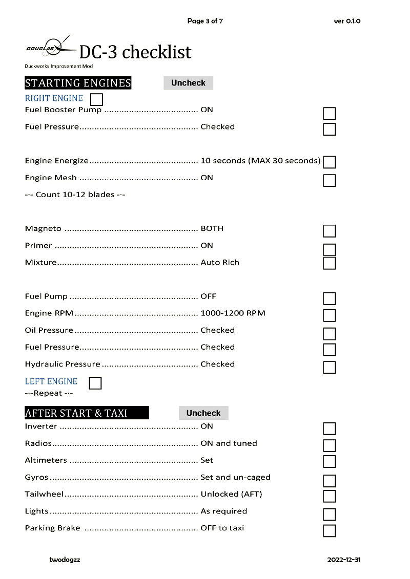 DC-3 Checklist - for Duckworks Improvement mod for Microsoft Flight ...