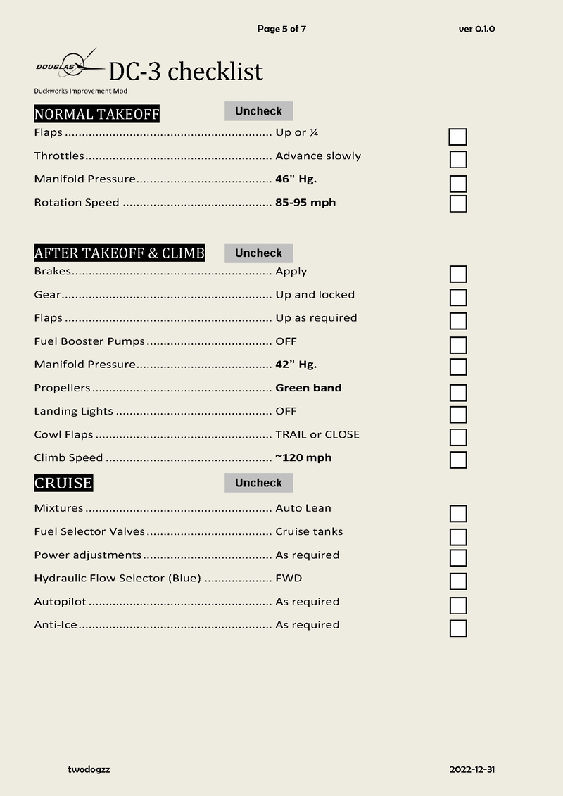 DC-3 Checklist - for Duckworks Improvement mod for Microsoft Flight ...