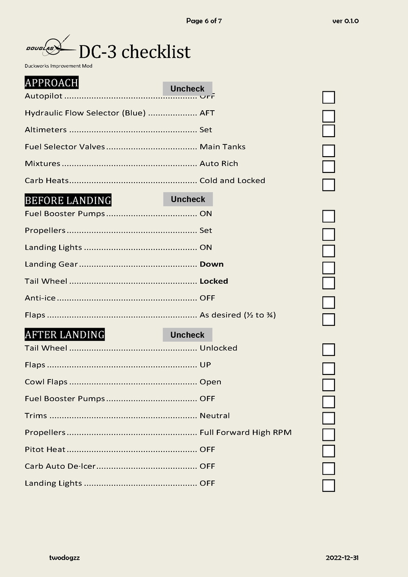 DC-3 Checklist - for Duckworks Improvement mod for Microsoft Flight ...