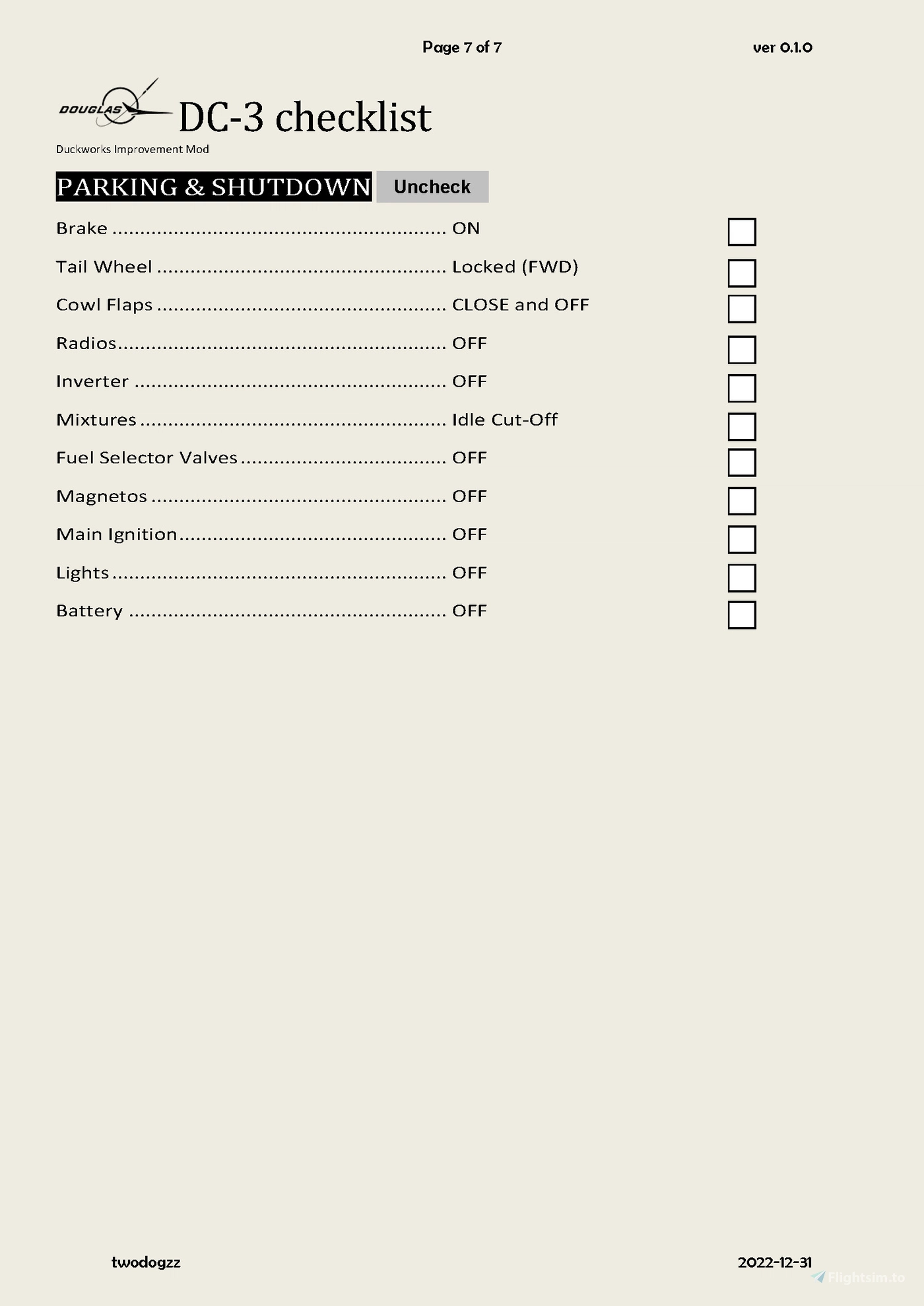 DC-3 Checklist - for Duckworks Improvement mod for Microsoft Flight ...
