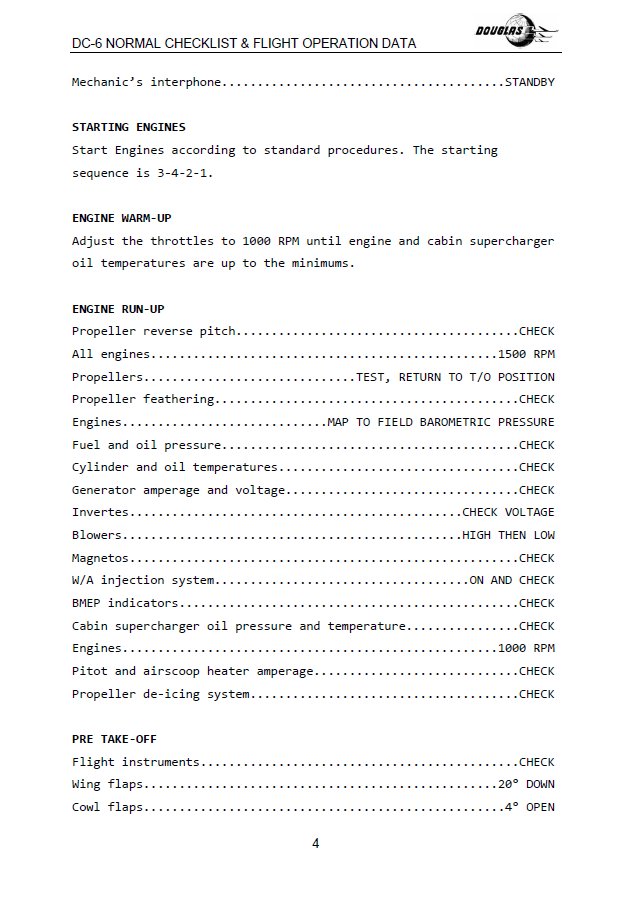 DC-6 Checklist & Flight Operation Data for Microsoft Flight Simulator ...