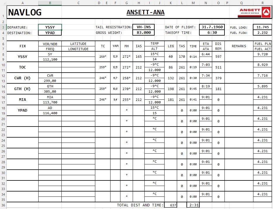 DC-6 Nav Log for Microsoft Flight Simulator | MSFS