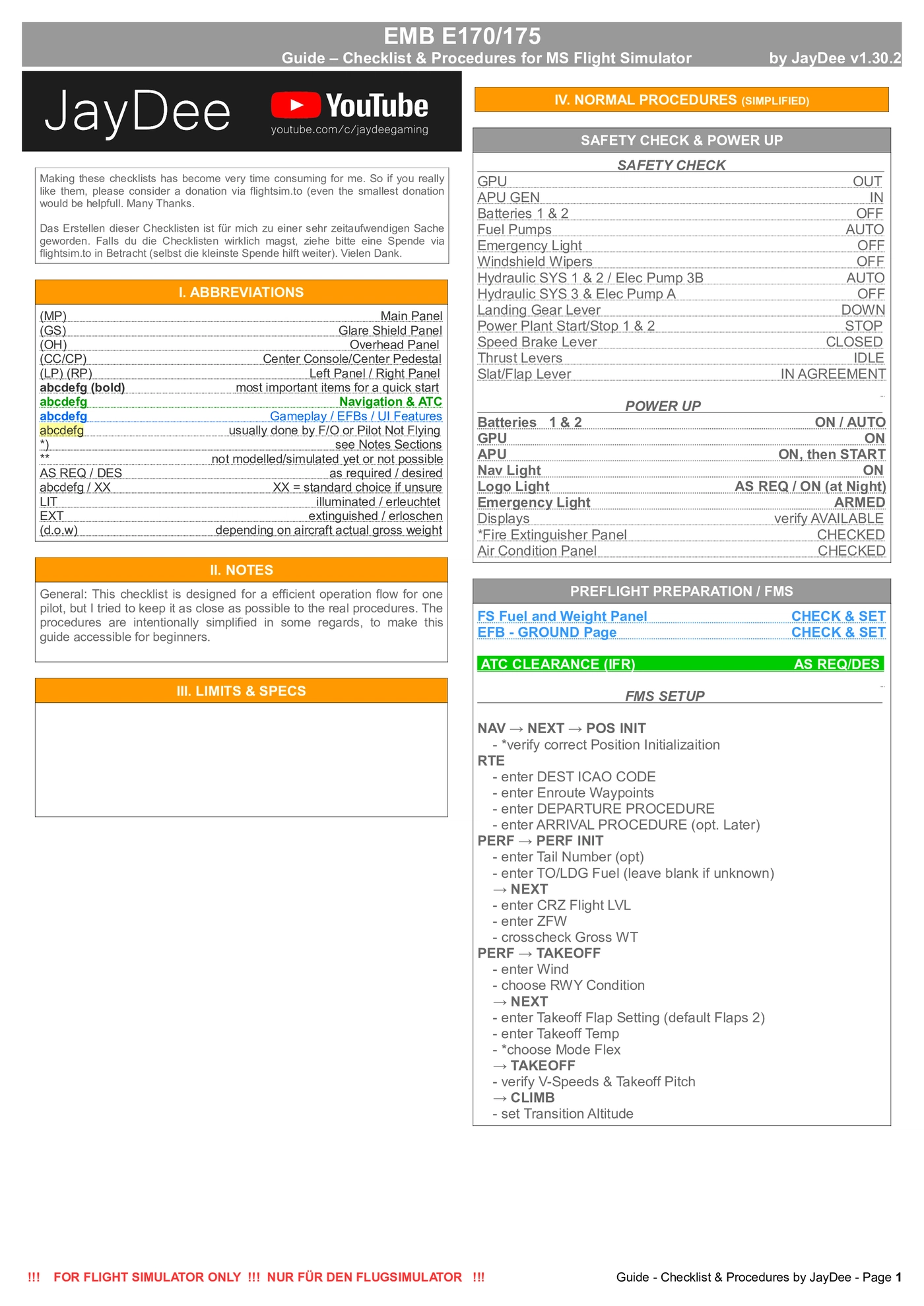 EMB E-Jet 170/175 - Checklist & Procedures for Microsoft Flight ...