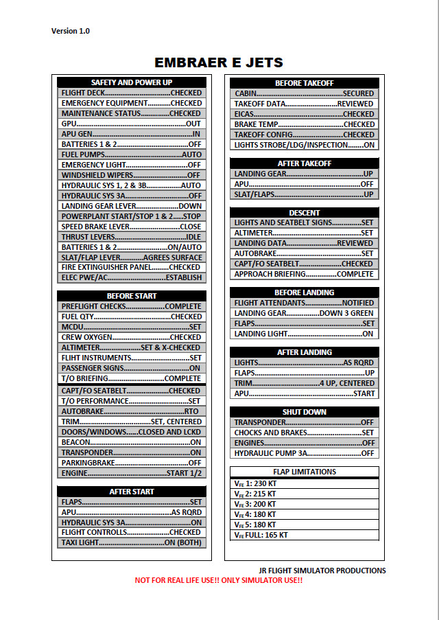 Embraer E170 - E195 (E2) Checklist dla Microsoft Flight Simulator | MSFS
