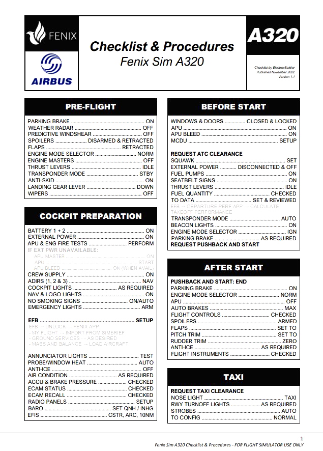 Fenix Sim A320 Checklist for Microsoft Flight Simulator | MSFS
