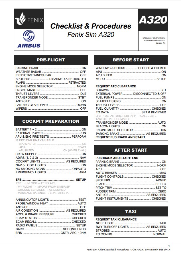 Fenix Sim A320 Checklist for Microsoft Flight Simulator | MSFS
