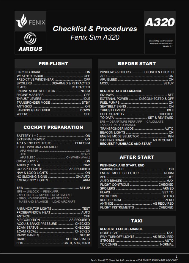 Fenix Sim A320 Checklist for Microsoft Flight Simulator | MSFS